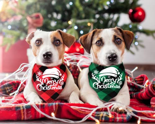 Buffalo Plaid Christmas Dog Bandanas, Double-Sided Use Triangle Bibs Kerchief,Dog Scarf with Merry Christmas Snowflakes for Small Medium Large Dogs Cats Pets,2 Pack