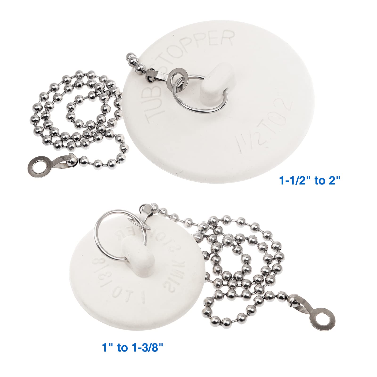 6 Packs Tub Stopper, Rubber Bathtub Stoppers Drain Plug, 2Pcs 15" Stainless Steel Beaded Chain, 6 Different Sizes Premium Bathroom Plug Fit for Kitchen, Bathroom Bath tub and Laundry Sink, White