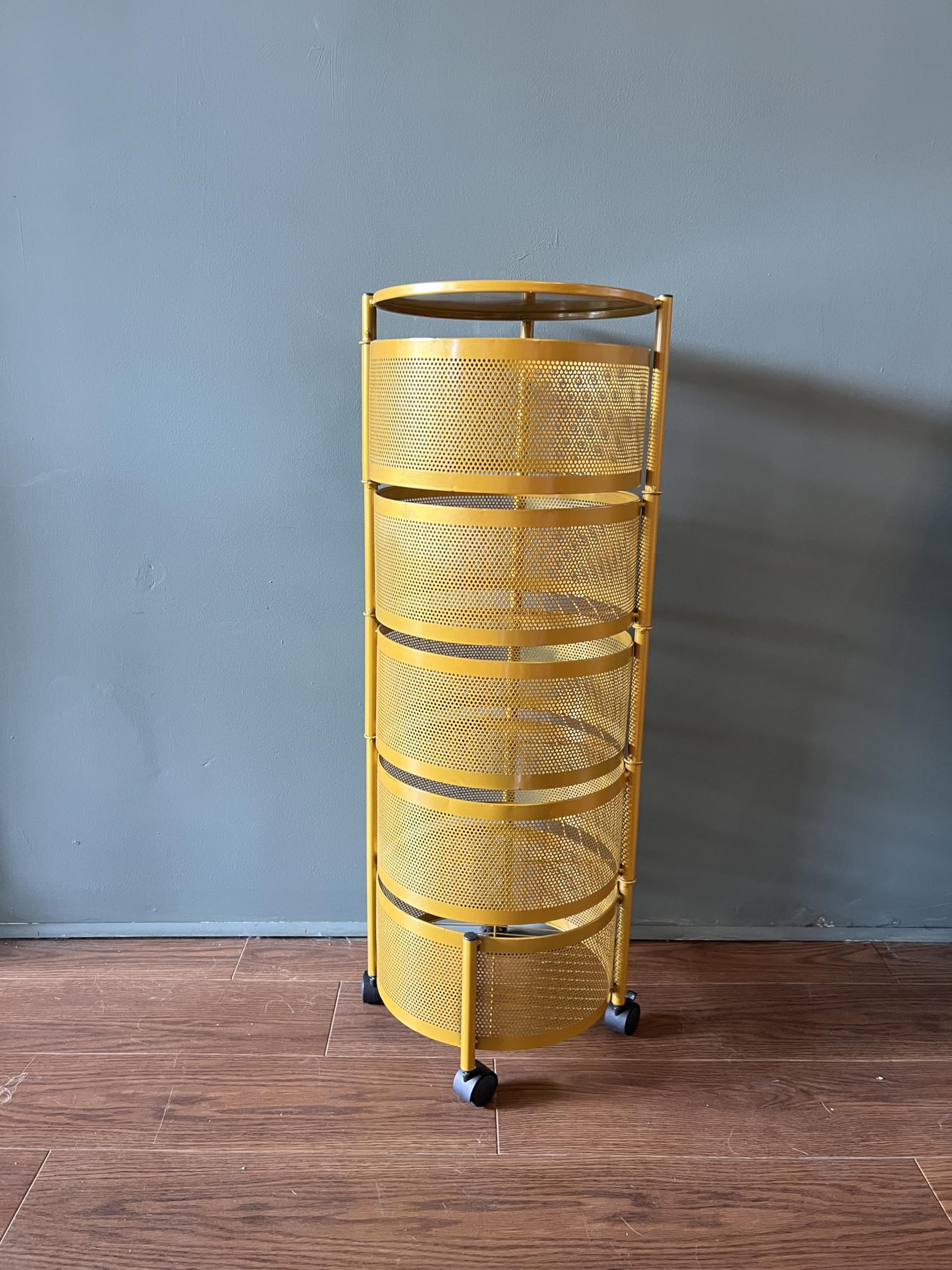 H&H Supply 5 Tier Rotating Storage Kitchen Cart Organizer Metal Vegetable Fruit Basket Rotating Shelves for Kitchen Dorm Office Bathroom Matte Yellow Gold Lightweight