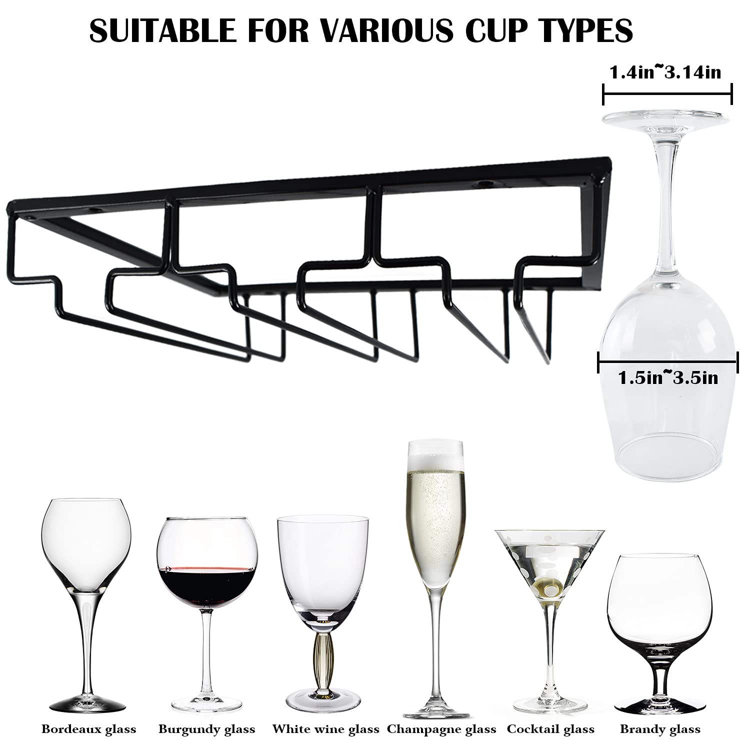AMUFYSHH 3 Rows Wine Glass Rack for Under Cabinet, Hanging Wine Glasses Metal Stemware Racks, Storage Organizer for Kitchen Cabinet Bar(SINGLE)