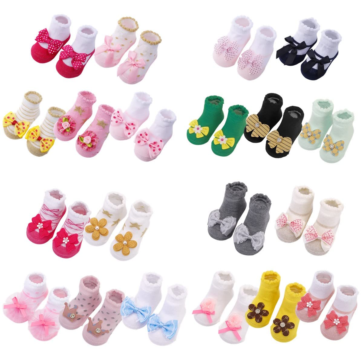 BOMAIS 20 Packs Newborn Baby Girls Socks, 0-24 Months Bow Pattern, (12-24 Months, SET1)