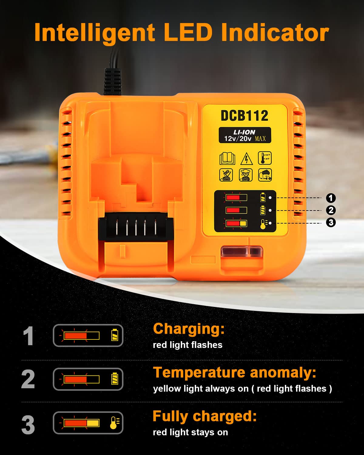 Aoasur DCB112 Battery Charger Replacement for Dewalt Compatible with 12V 20V Max Lithium BatteryDCB120 DCB127 DCB115 DCB118 DCB107 DCB105 DCB102(2 Batteries Included), Red,Yellow