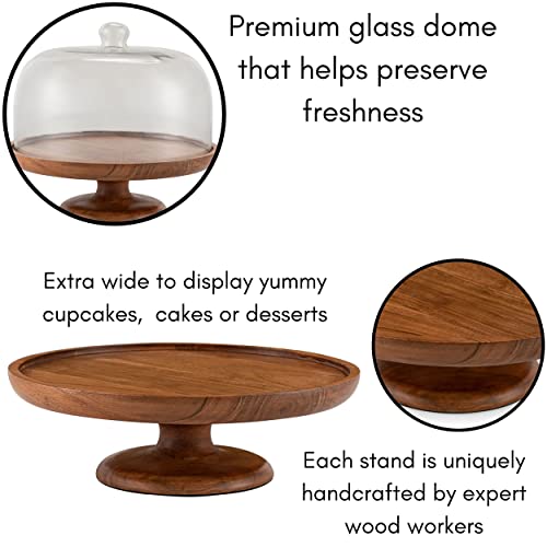 BIRDROCK HOME Cake Stand with Glass Dome and Wood Base - Wood Iron Dessert Serving Tray - Rustic Farmhouse Dessert Stand - Modern Party Oversized Server - Table Kitchen Home Display - Round