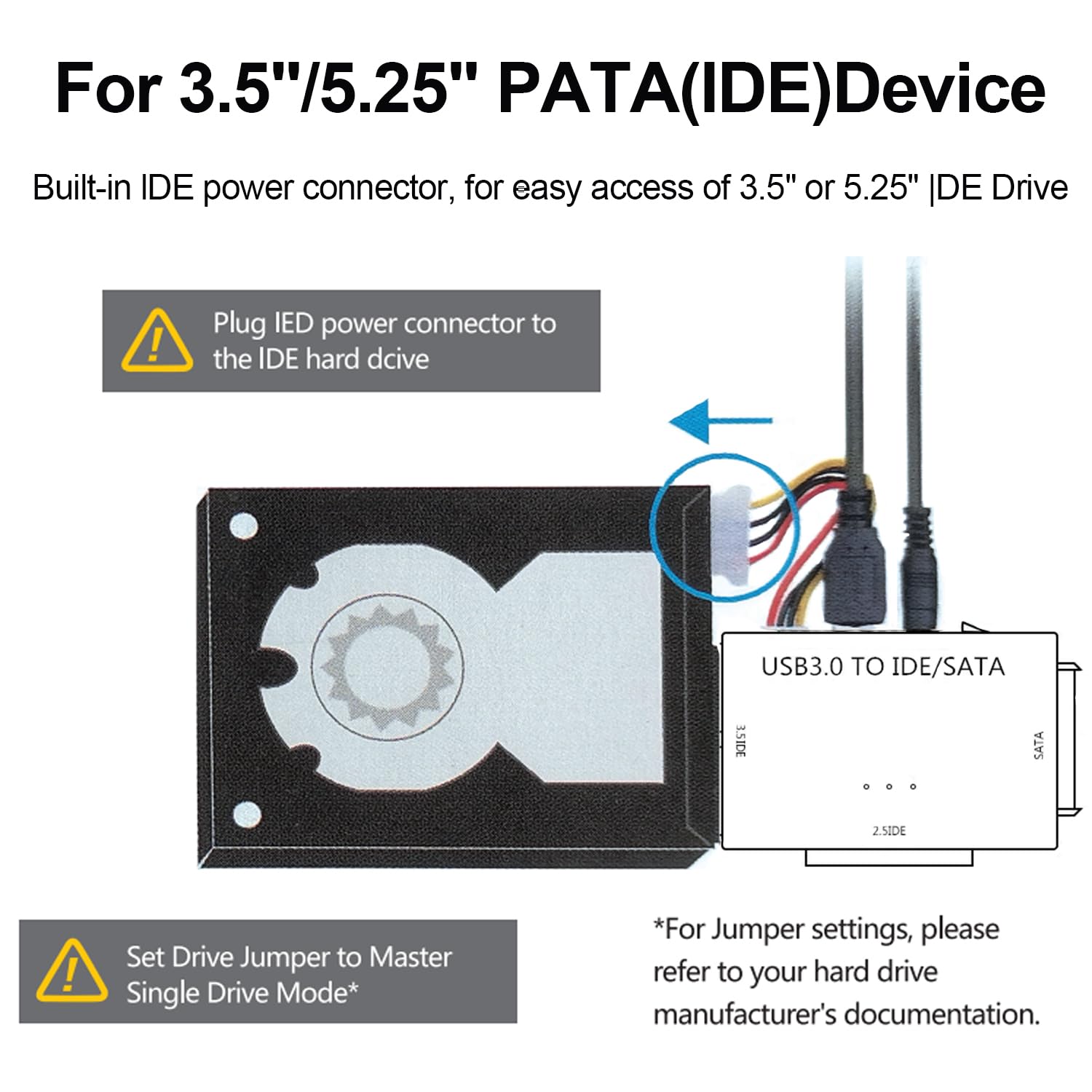 EYOOLD USB 3.0 to SATA IDE Adapter, Hard Drive Reader External Ultra Recovery Converter Compatible with 2.5" 3.5" HDD, SSD,5.25-inch DVD/CD-ROM Optical Drive Data Transfer with Power Supply