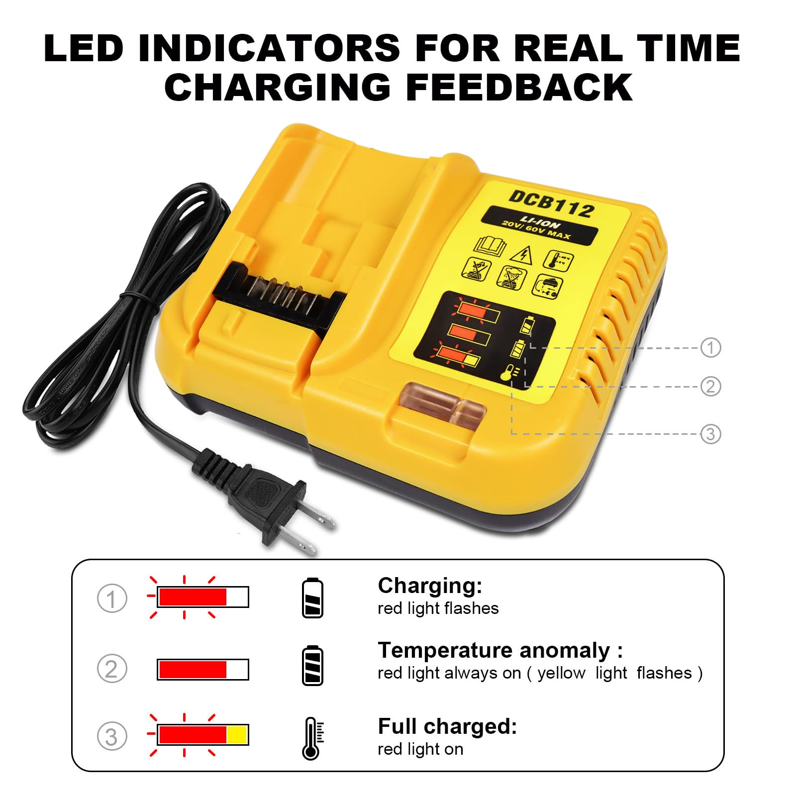 Battery Charger Replacement for Dewalt 12V 20V and 60V MAX Lithium-Ion Battery DCB112 for DCB205 DCB112 DCB201 DCB200 DCB612 DCB609-2 DCB609 DCB606 DCB606-2 DCB208 DCB206 DCB206-2 DCB204 DCB203