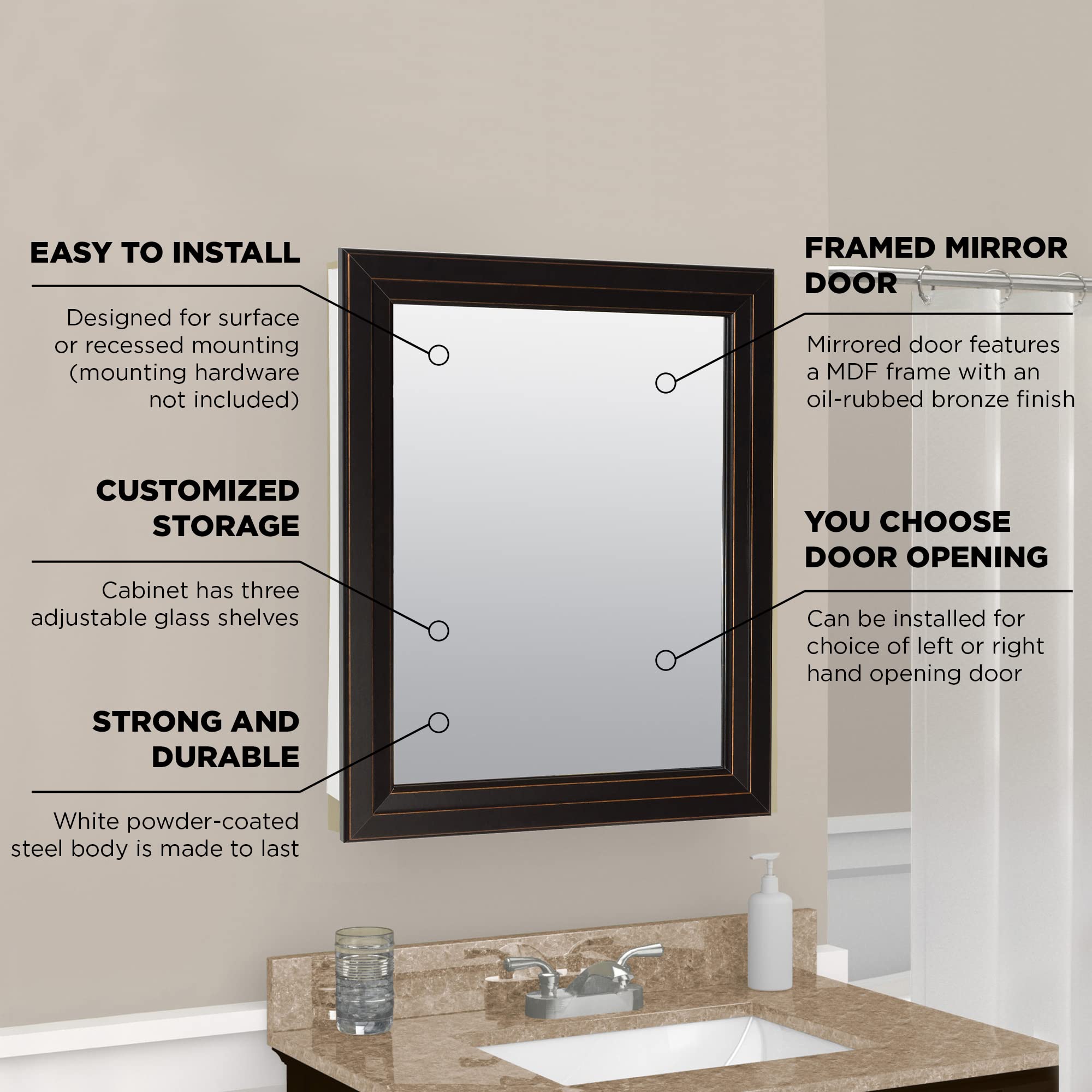 Zenna Home Surface or Recess Mount Framed Mirror Medicine Cabinet, 24.5β W x 30.5β H, Oil Rubbed Bronze