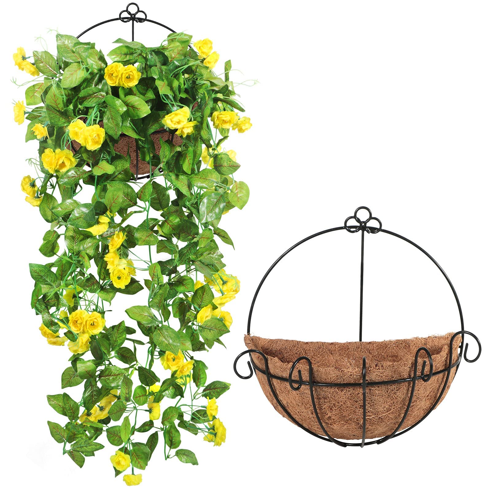 EuroBird Artificial Flowers Hanging Basket for Outdoor Indoor, Fake Silk Flowers, Handmade Metal Wall Mount Basket with Artificial Rose Flowers for Home, Patio, Garden, Lawn Decoration (Yellow)