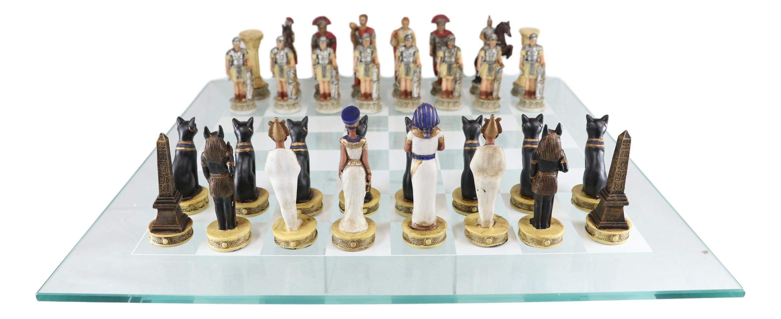 Ebros Gift Historical Themed Chess Set Egyptian Ptolemaic Pharaoh Army VS Augustus Caesar Roman Empire Centurions Resin Sculpted Chess Pieces with Checker Frosted Glass Board Gaming Set