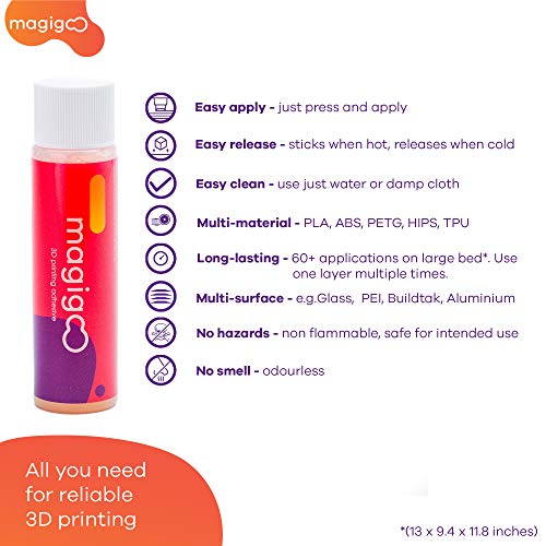 Magigoo MO2016 All-in-One 3D Printer Adhesive Glue, Reduces Warping for ABS, PLA, PETG, Hips and TPU Filament on Glass, PEI, Buildtak, Kapton 50ml, 1.69 fl. oz.