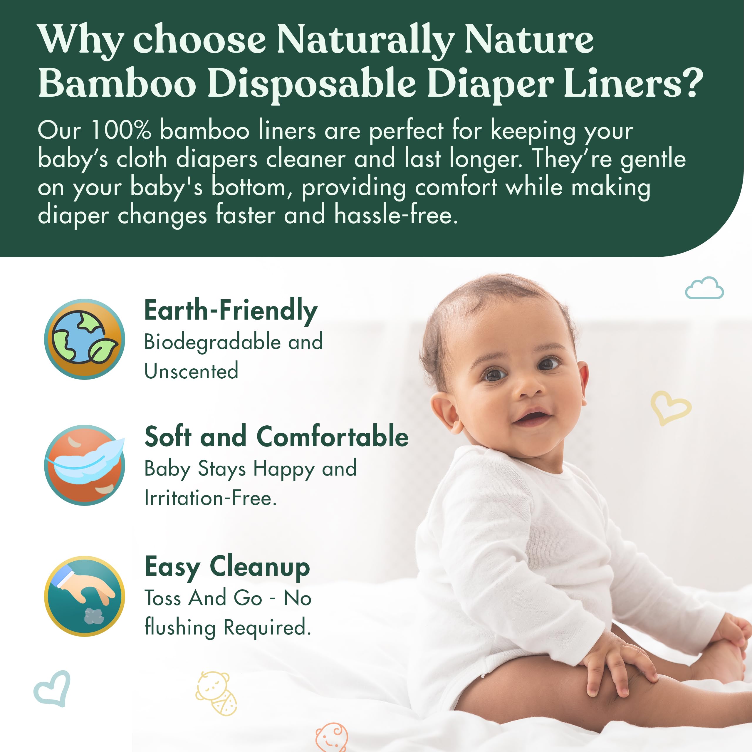 Naturally Nature Disposable Cloth Diaper Liners, Unscented, Fragrance-Free, Chlorine Free Diaper Inserts - 400 Count - (4 Rolls, 100 Sheets per Roll)