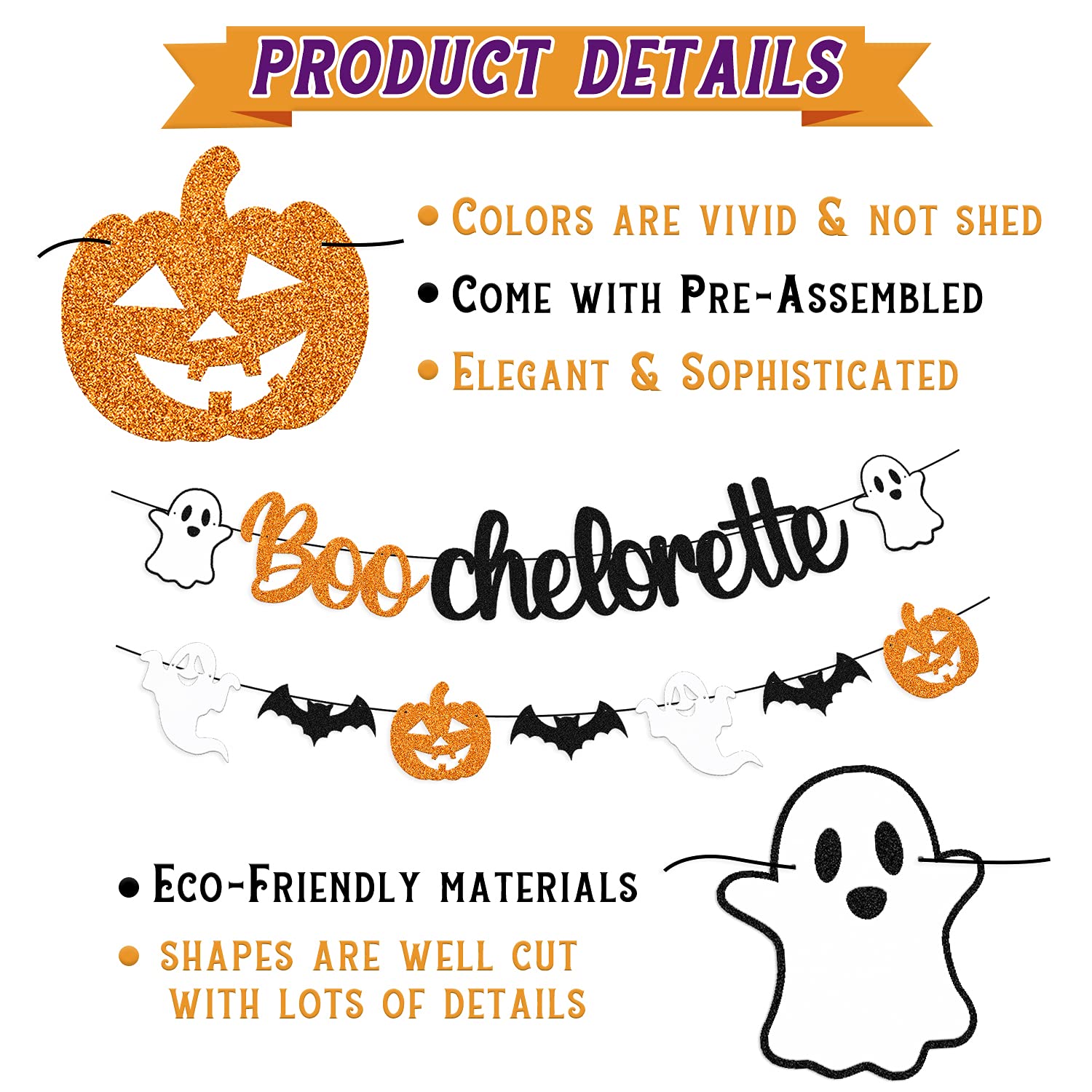 Halloween Boochelorette Banner Ghost Pumpkin Bat Theme for Bachelorette Wedding Bridal Shower Engagement Party Glitter Decorations Supplies