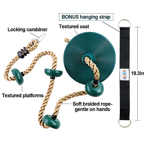 Climbing Rope with Platforms and Disc Swing Seat Set Playground Accessories Including Bonus Hanging Strap & Carabiner