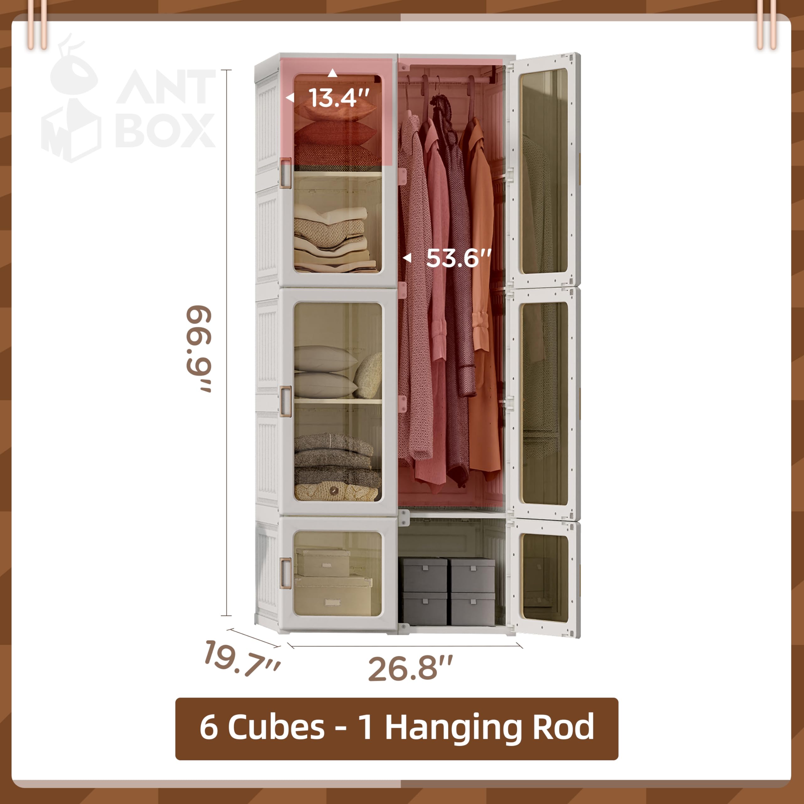 ANTBOX Portable Wardrobe Closet Storage Organizer for Clothes,Transparent Door Panels,Suitable for Living Room, Bedroom,Plastic Wardrobe with Magnetic Door and Easy Assembly 6 Cubes & 2 Hanging Rod