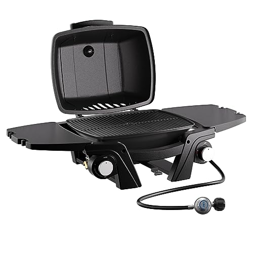 Barpecyou Portable Gas Grill, 2-Burner Small BBQ Propane Grills Tabletop Gas Grill Outdoor Camping Grill 24000 BTU, Detachable Side Tables,Built in Thermometer, Black