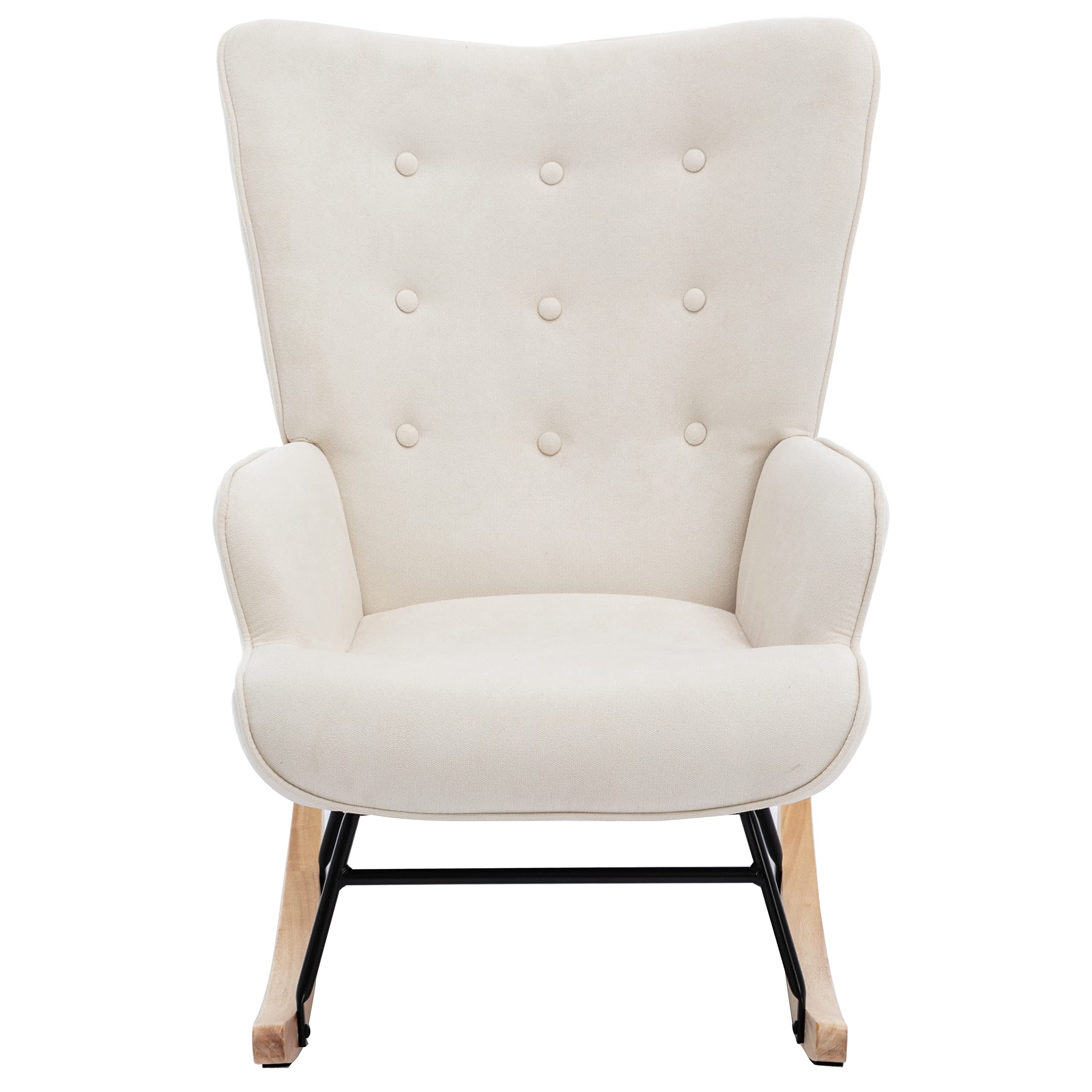 Accent Rocking Chair with Ottoman, Modern Tufted Button Wingback Glider Rocker Armchair with Solid Wood Legs, Beige