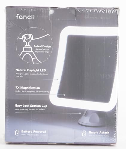 Fancii 7x LED Lighted Magnifying Makeup Mirror with Strong Suction - 6.5" wide, Natural Daylight, Cordless Portable Vanity Mirror with Lights (Square) - Mira 7