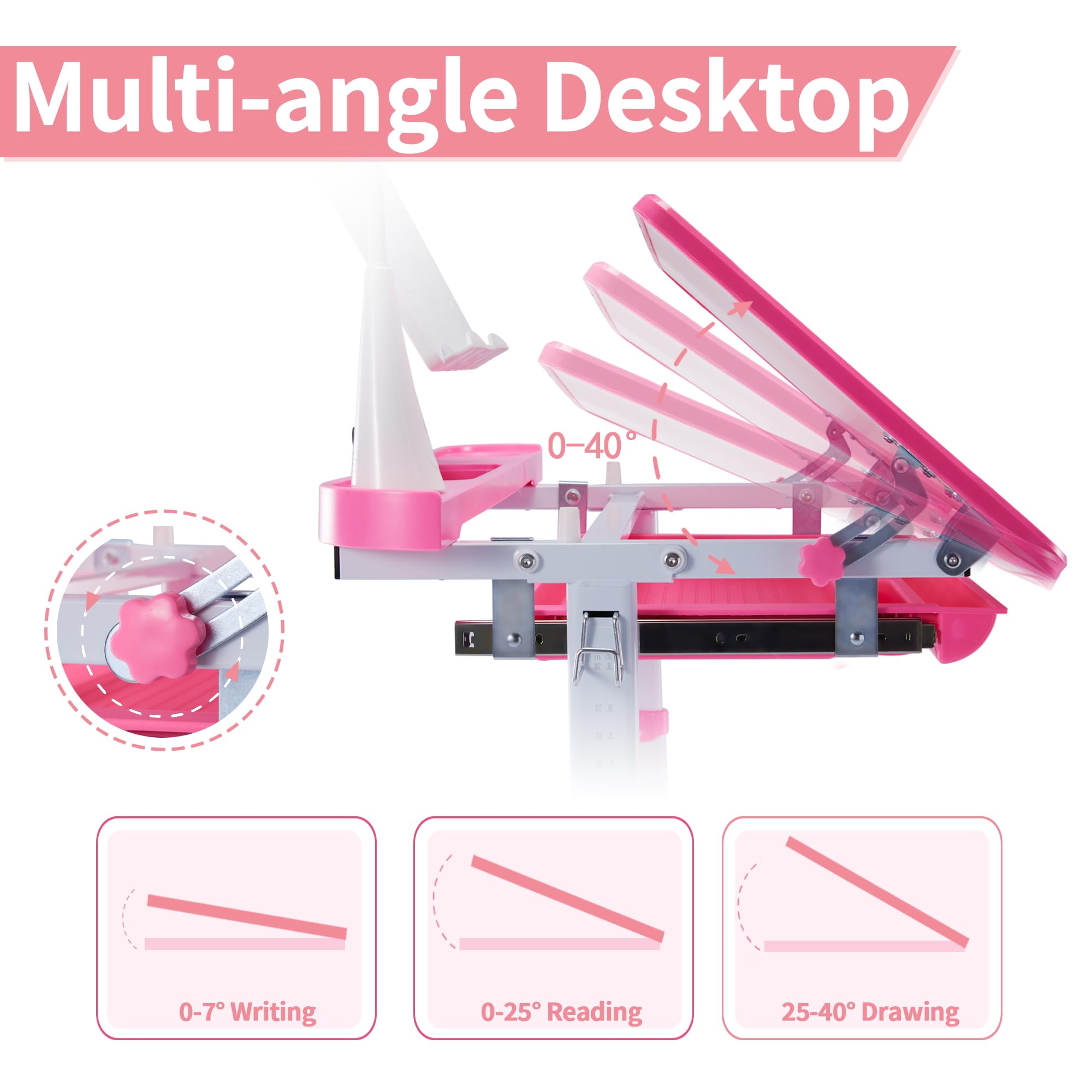 Gowxil Kids Study Desk and Chair Set, Multi Functional Height Adjustable Children School Study Desk with Tilt Desktop, Bookstand, LED Light, Metal Hook and Storage Drawer for Boys Girls, Pink