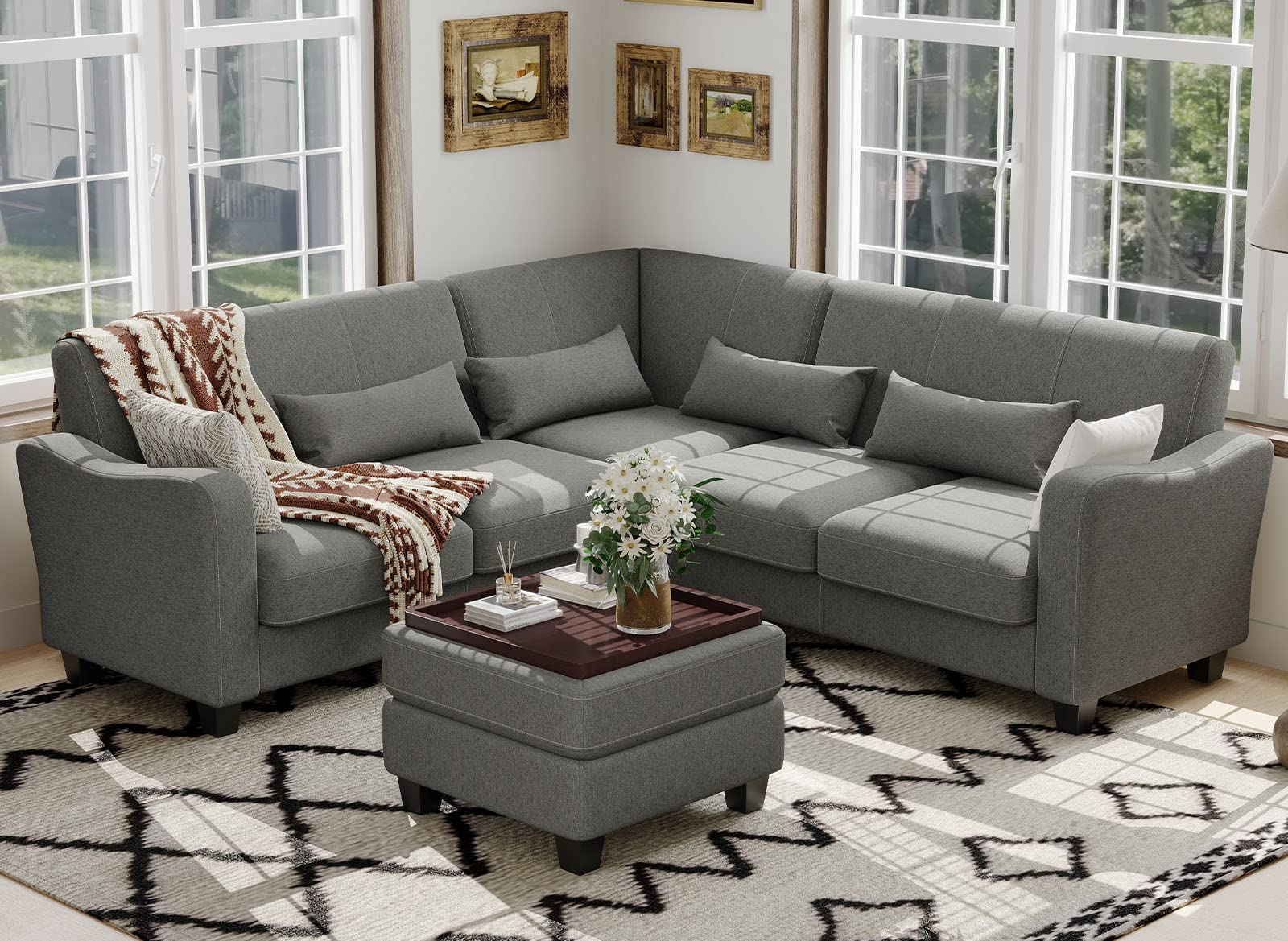 Belffin Small L Shaped Couch Convertible Sectional Sofa Couch L-Shaped Sofa with Storage Ottoman 4 Seat Sofas Light Grey
