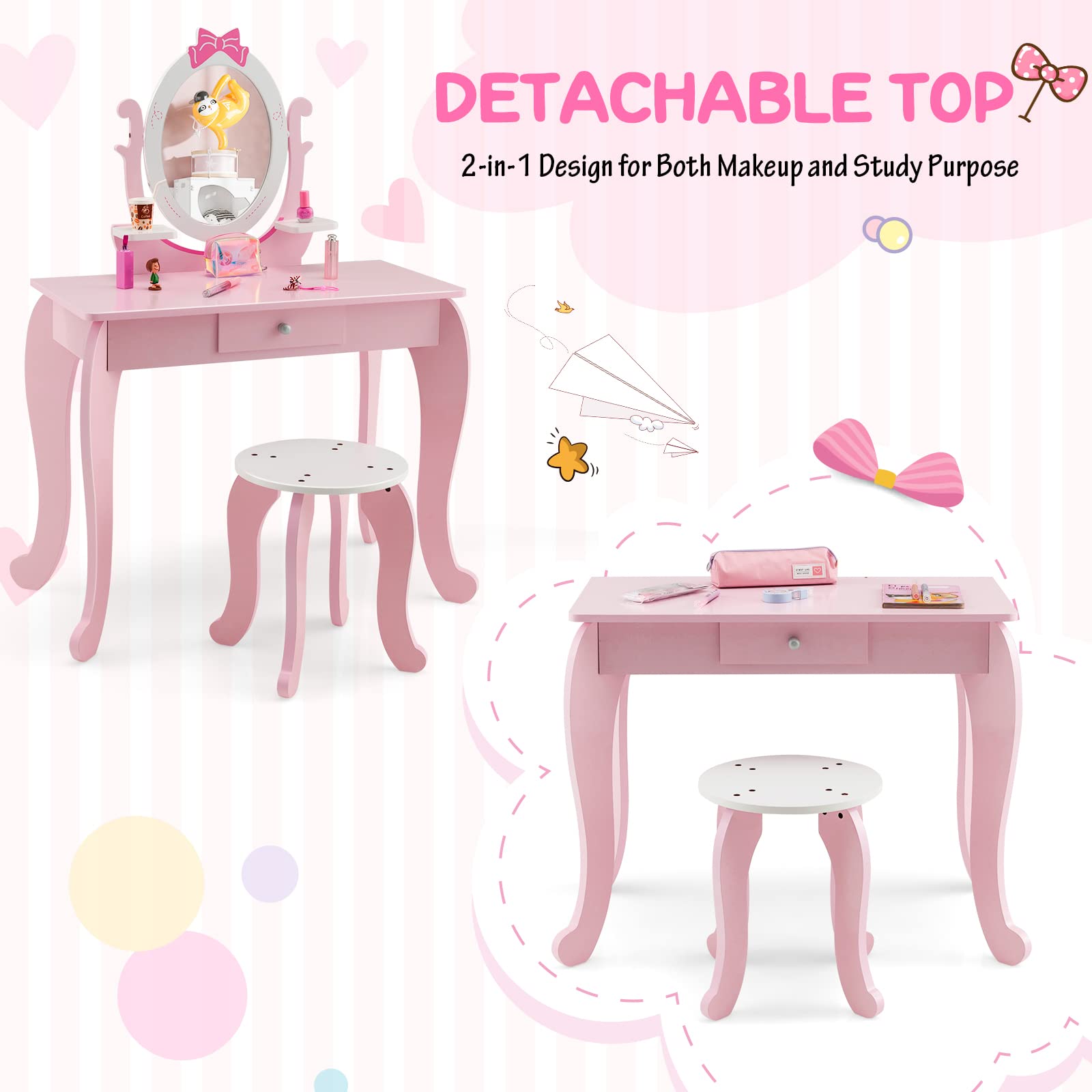 Costzon Kids Vanity Set with Mirror, 2 in 1 Princess Makeup Dressing Table w/Detachable Top, Toddler Vanity with 360° Rotating Mirror, Drawer & Stool, Pretend Play Vanity Set for Little Girls, Pink
