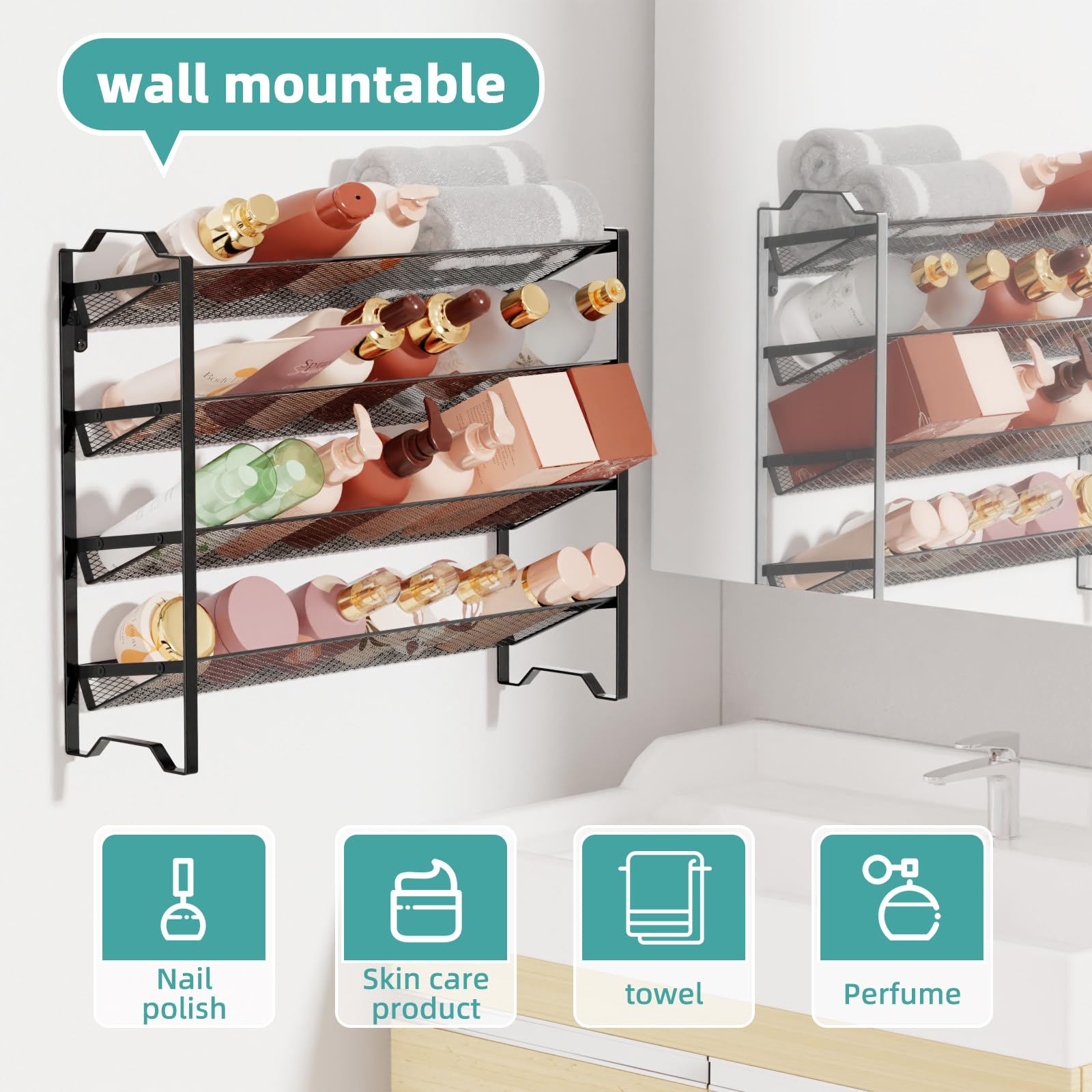 Simple Trending 2-Pack 4 Tier Spice Rack Organizer,Stackable Kitchen Counter Shelves,for Cabinet,Countertop,Pantry, Door or Wall Mount, Metal Mesh,(Jars not Included), Black