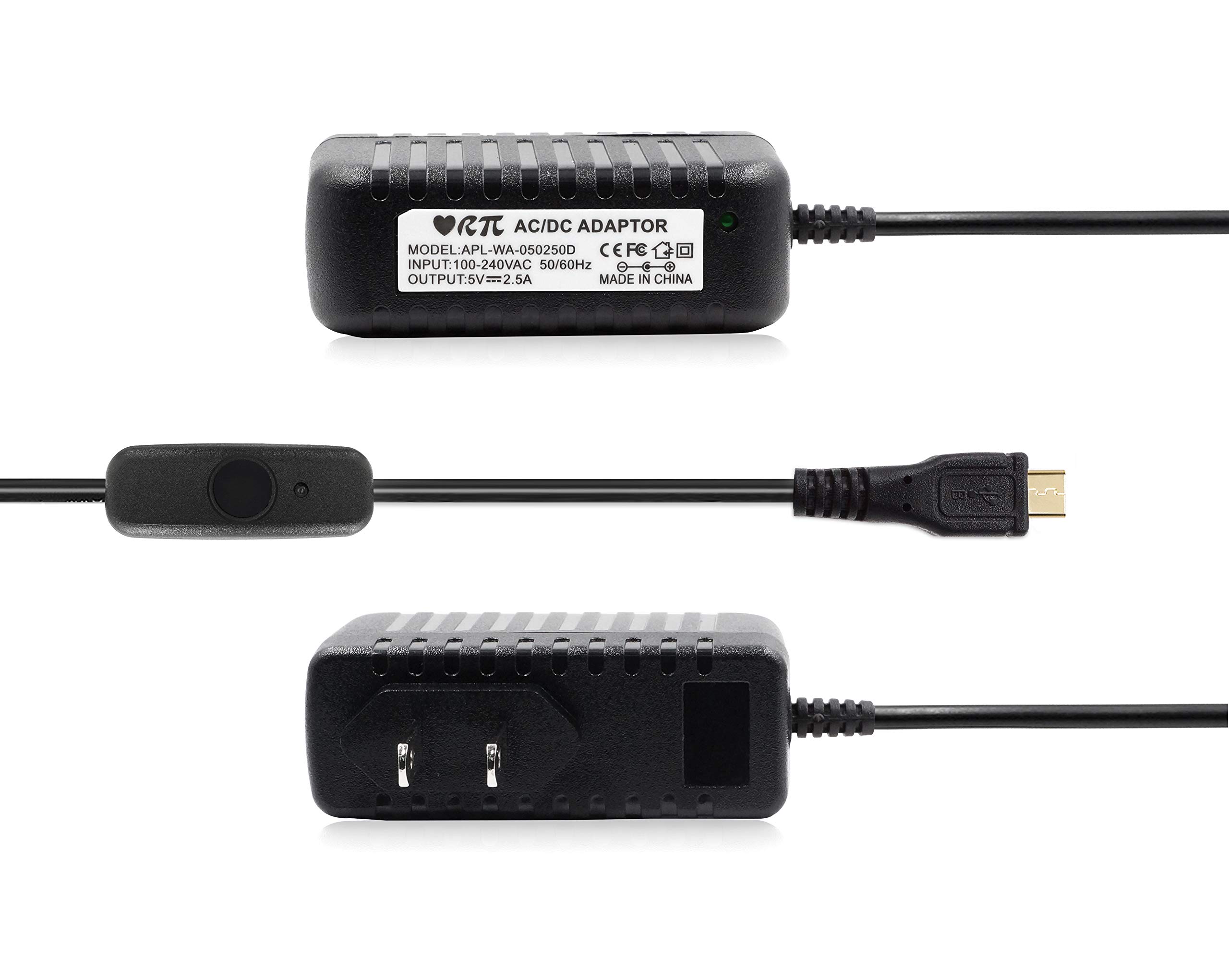 LoveRPi Certfied MicroUSB 5.25V 2.5A Power Supply with Power Switch and Status LED for Raspberry Pi