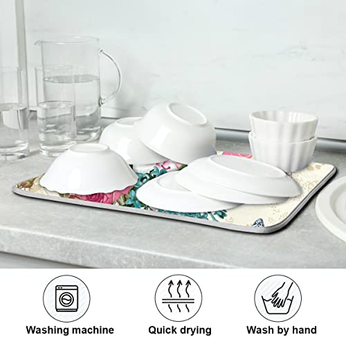 Beautiful Flower Dish Drying Mat For Kitchen Counter, Ultra Absorbent Reversible Microfiber, and Protector for Kitchen Countertops 18 In x 24 In