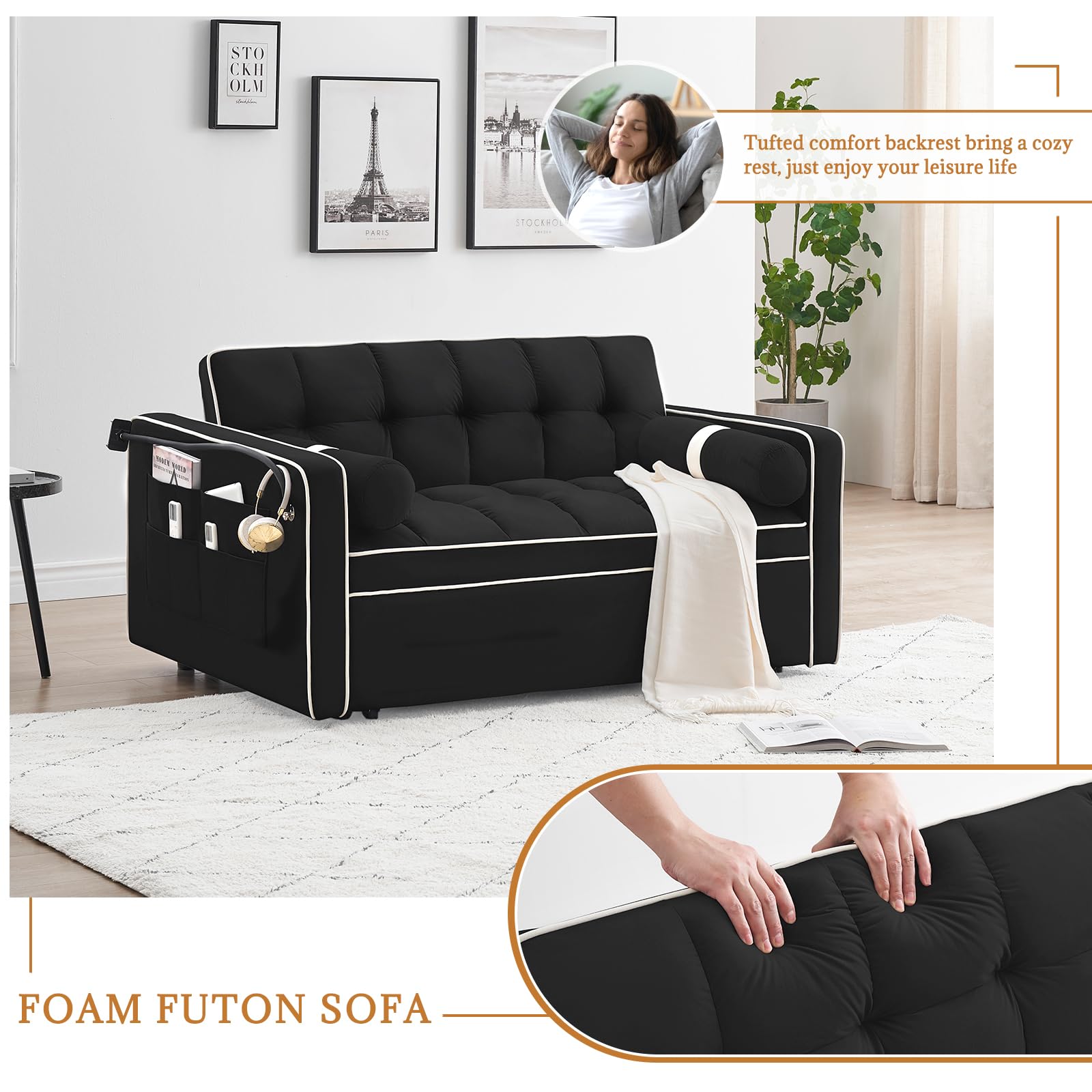 Antetek Upgraded Sleeper Sofa Couch Bed with Phone Holder, 3 in 1 Small Modern Convertible Velvet Loveseat Futon Sofa w/Pullout Bed, Adjustable Backrest for Living Room Apartment, Small Space, Black