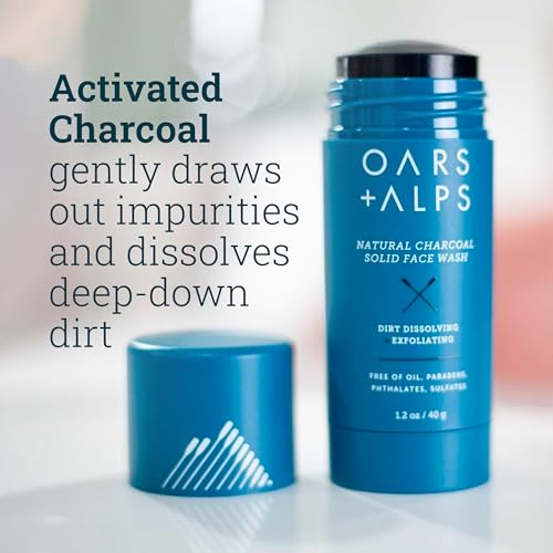 Oars + Alps Face Wash with Activated Charcoal, Valentines Gifts for Him, Dermatologist Tested Exfoliating Facial Cleanser, Travel Size, 1.2 Oz