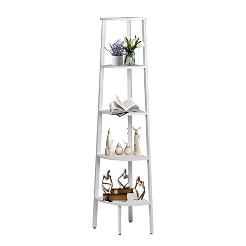 Corner Ladder Wood Shelf, 5-Tier Display Shelves, 62" Tall Rustic Corner Bookshelf, Industrial Corner Bookcase, Storage Rack, Plant Stand for Living Room, Small Space, Home Office, White