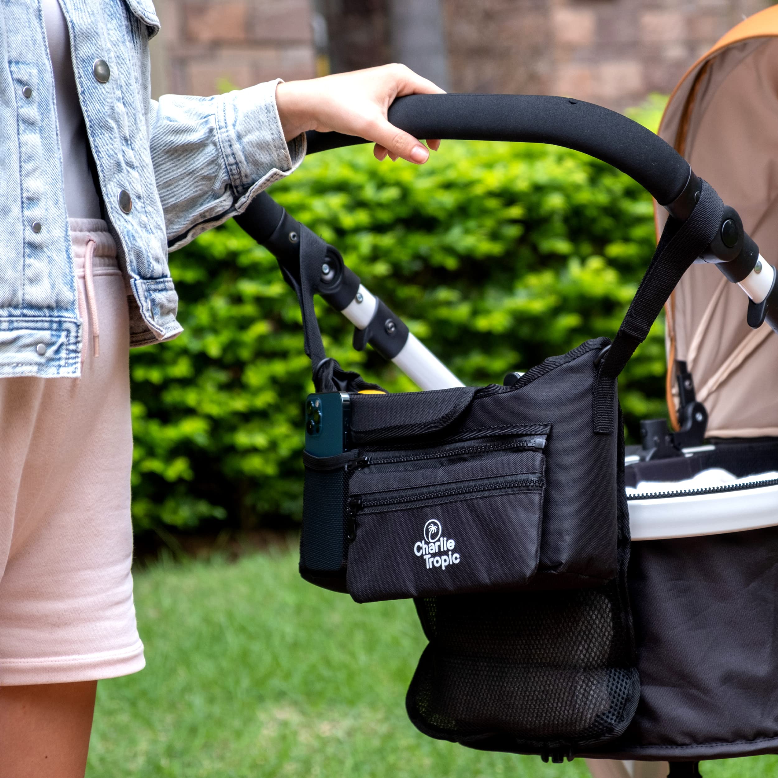 Charlie Tropic Universal Stroller Organizer with Cup Holder - Adjustable Stroller Bag Organizer with 2 Insulated Cup Holders and Detachable Wristlet Pocket for Stroller Accessories,Fits Most Strollers