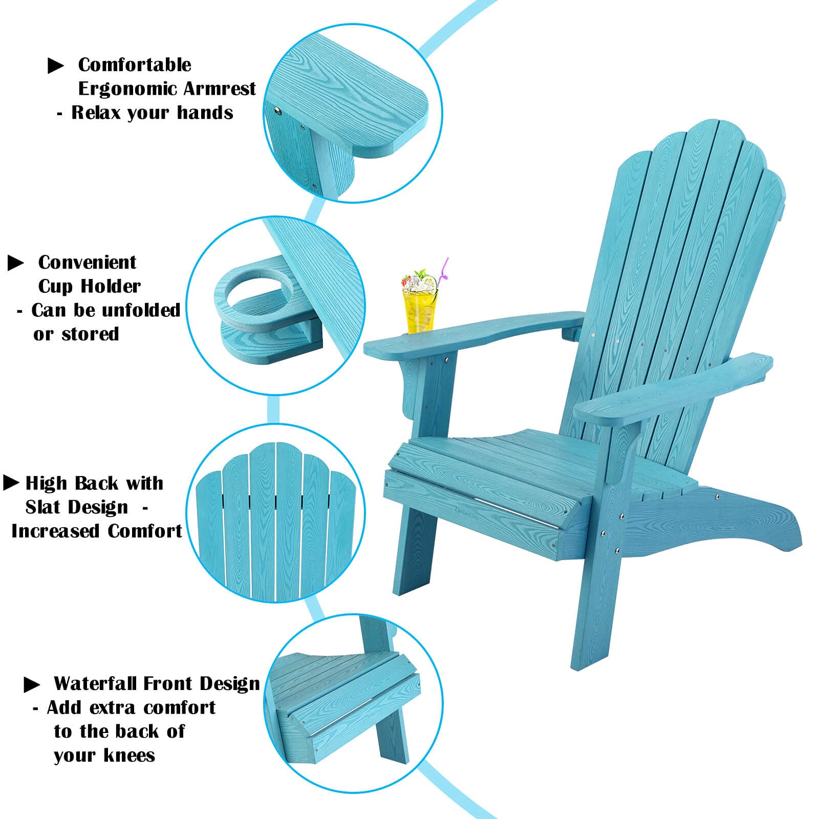 hOmeHua Oversized Plastic Weather Resistant Adirondack Chair with Cup Holder, Imitation Wood Stripes, Easy Assemble & Maintain,Outdoor Chair for Patio, Backyard Deck, Fire Pit - Lake Blue