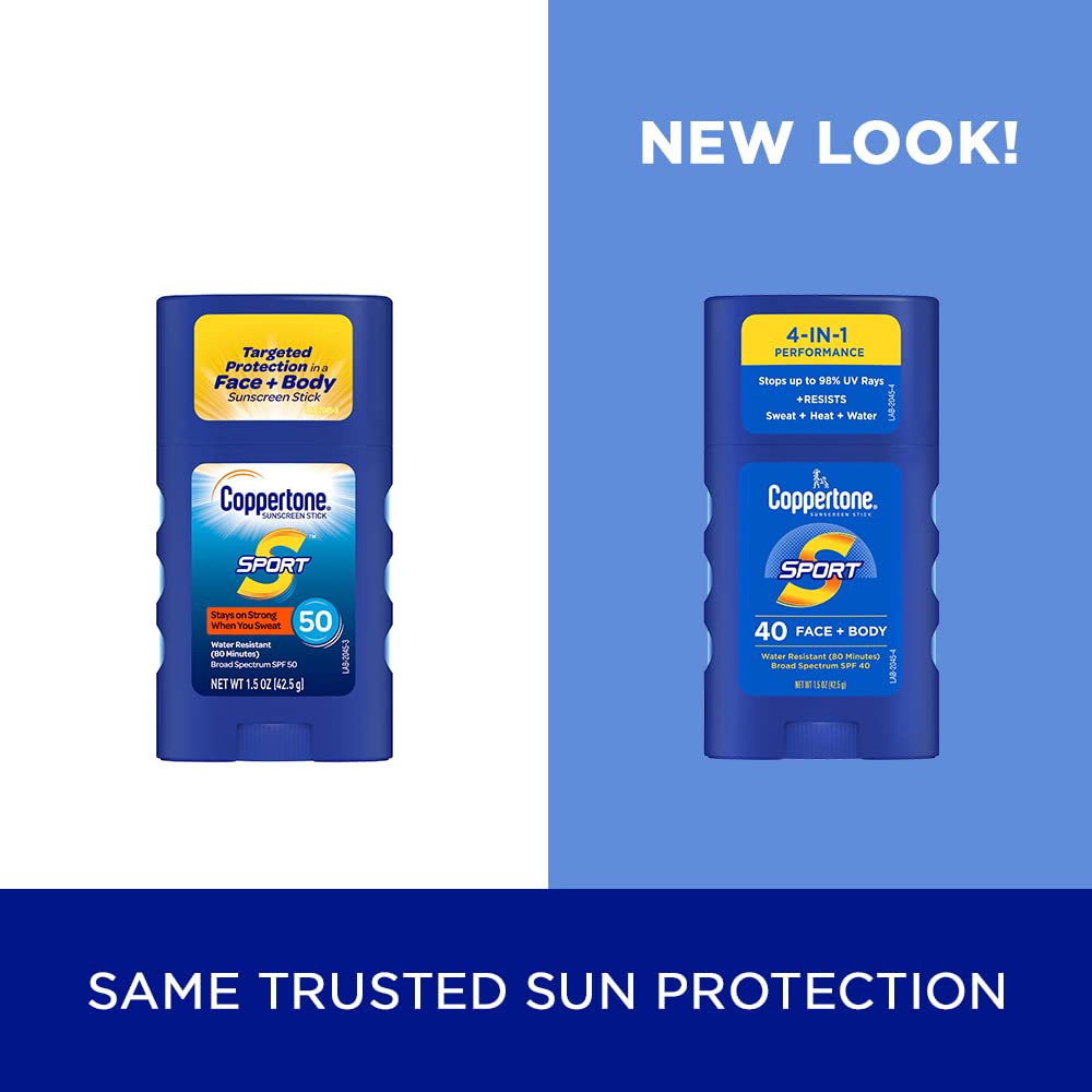 Coppertone Sport Sunscreen Stick SPF 40, Stick Sunscreen for Face and Body, Water Resistant, Travel Size, 1.5 Oz