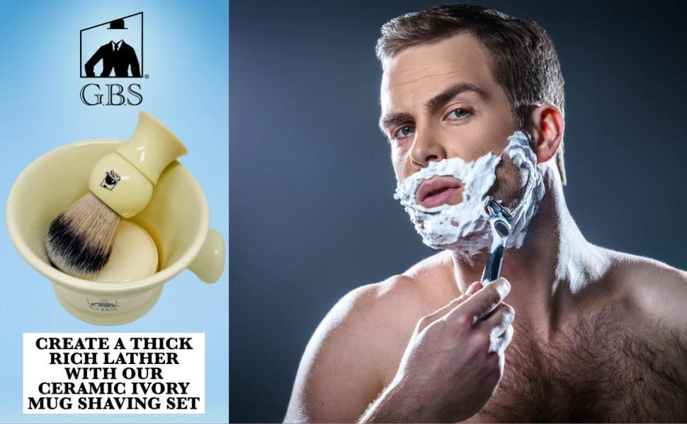 G.B.S Heavy Duty Ceramic Ivory Shaving Set - Mug with Knob Handle, Faux Ivory Handle Shaving Brush and Natural Shave Soap