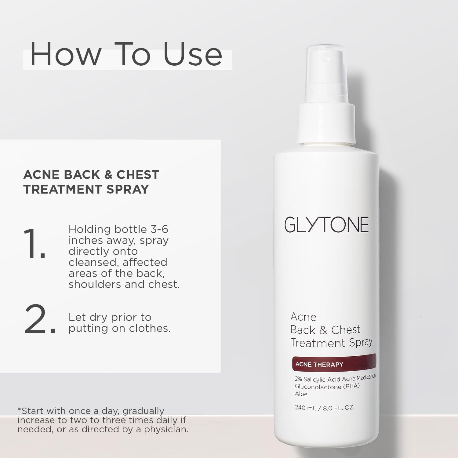 Glytone Acne Treatment Spray for Back & Chest - 2% Salicylic Acid - For Body Acne - Quick Dry, Upside Down Pump - Fragrance-Free - 8 fl. Oz.