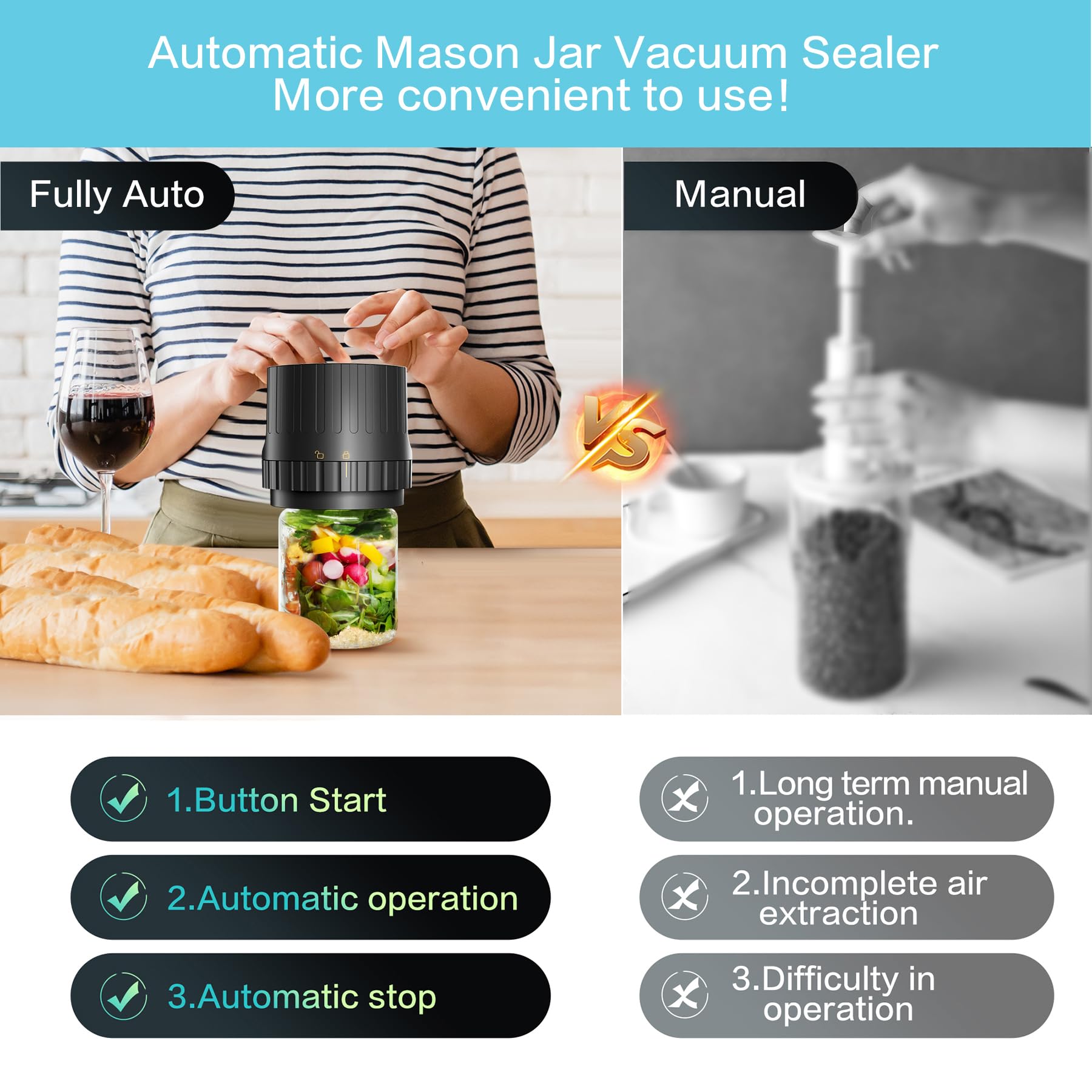 MASONKING Electric Mason Jar Vacuum Sealer, Unique Mothers Day Gifts, Jars Vacuum Sealer Kit for Wide Mouth and Regular Mouth Mason Jars Canning, Fully Automatic