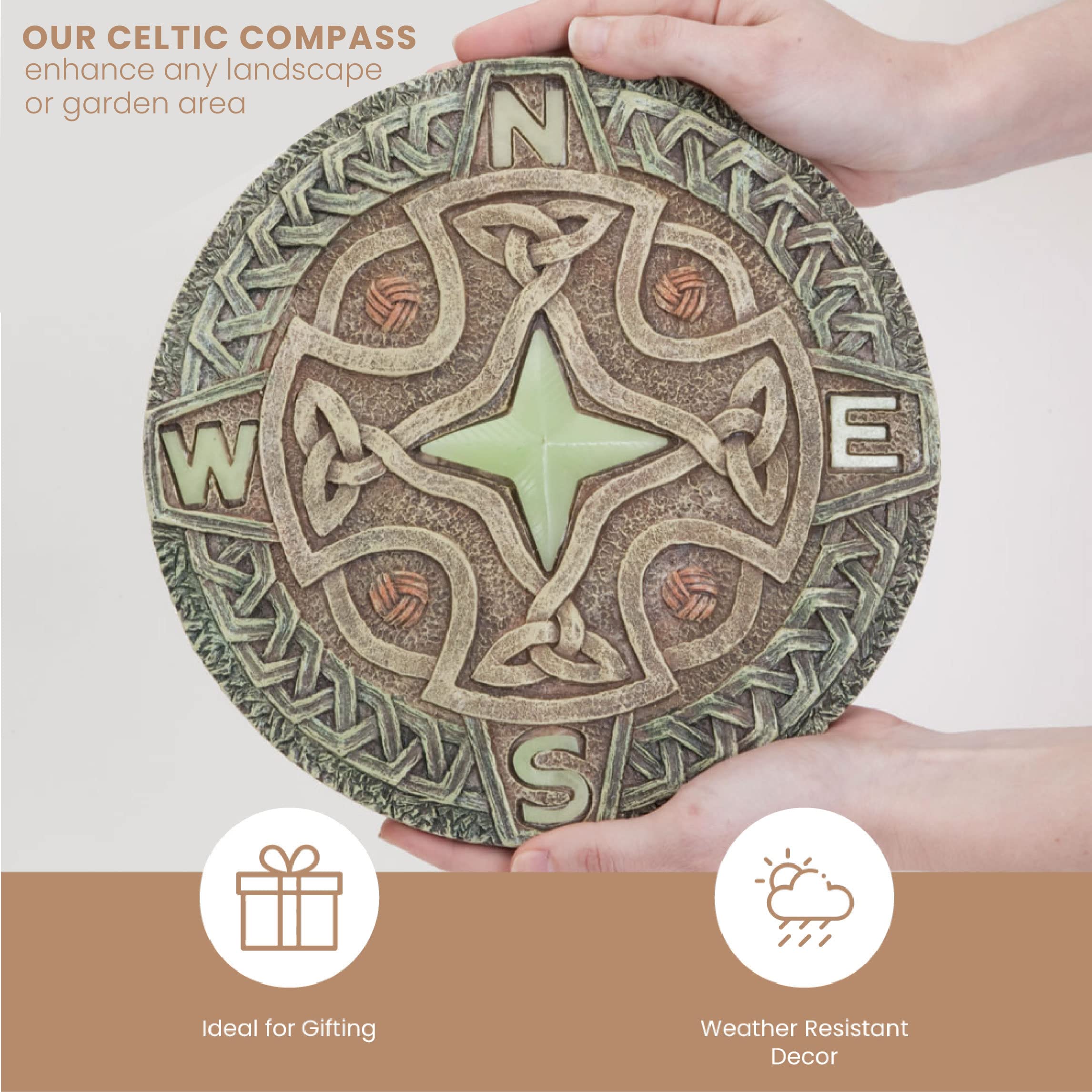 Bits and Pieces - 10β Glow-In-The-Dark Celtic Compass Decorative Stone - Yard Decoration β Beautiful Lawn/Garden Stone
