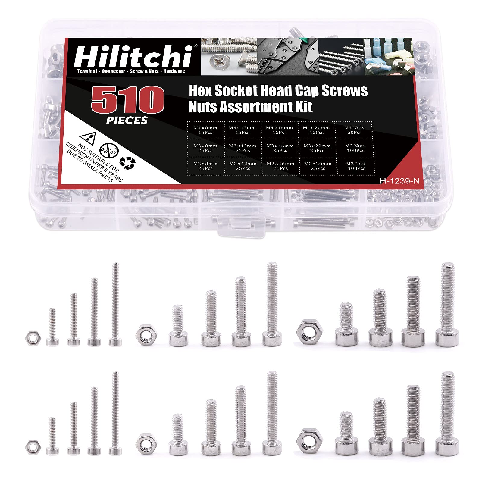 Hilitchi 510-Piece M2 M3 M4 Stainless Steel Hex Socket Head Cap Screws Nuts Assortment Kit with Box - 304 Stainless Steel