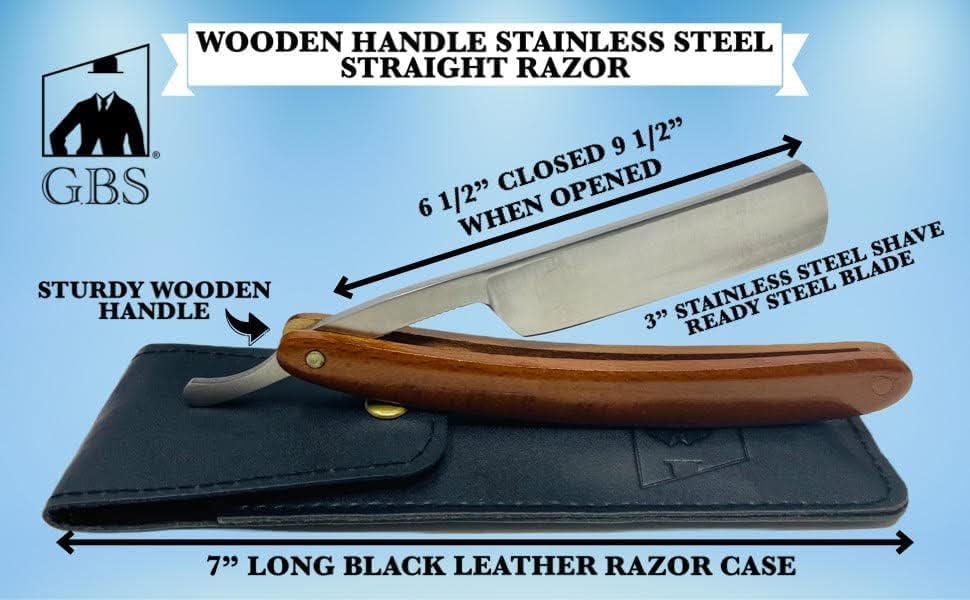 G.B.S Wooden Handle Straight Edge Stainless Steel Barber Shaving Straight Razor, Handmade, Extra Sharp With Leather Razor Travel Case