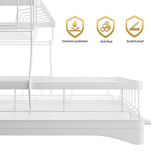 Dish Drying Rack for Kitchen Counter, 2-Tier Dish Racks with Drainboard, Large Capacity Dish Drainer Organizer Shelf with Utensil Holder, Wine Glass Holder(White)