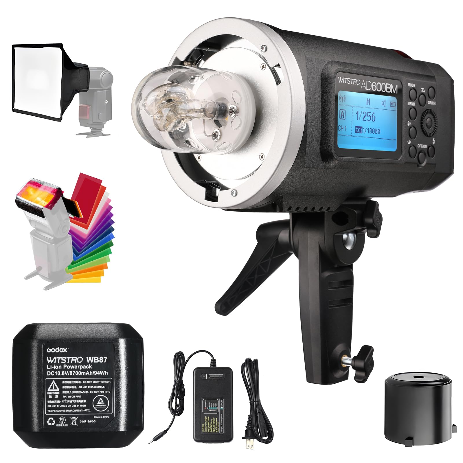 Godox AD600BM Bowens Mount 600Ws GN87 High Speed Sync Outdoor Studio Flash Strobe Monolight Light with 2.4G Wireless X System & 8700mAh Battery with 15x17cm Softbox & Filter & USB LED