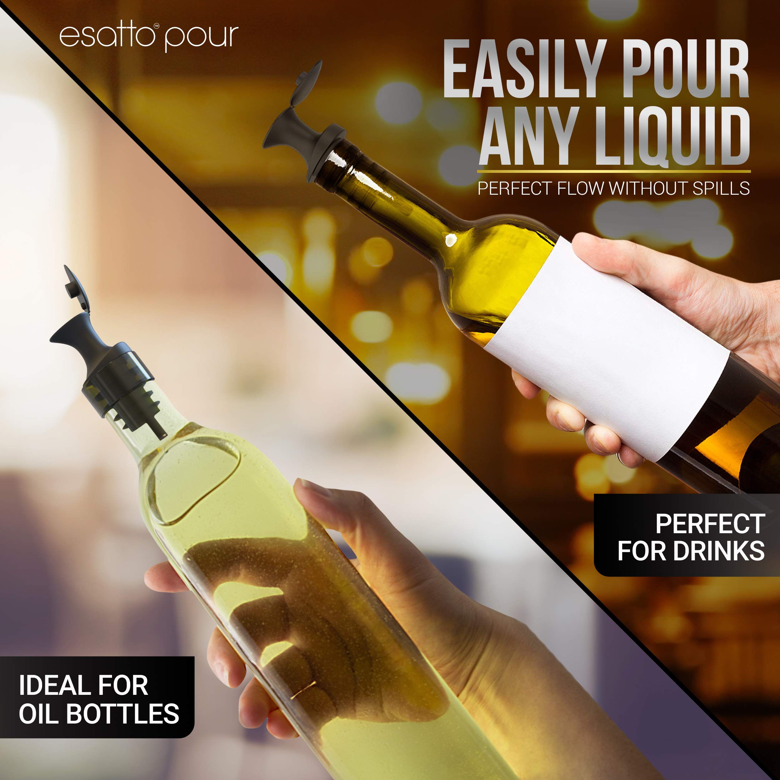 Esatto Pour and Seal, Plastic Bottle Pourers With Built In Lid β Easy and Precise Pouring, Lid for Storing and Healthy Practices, Professional Bar Tool, Pack of 12 Pieces Wine Stopper Pourer (Black)