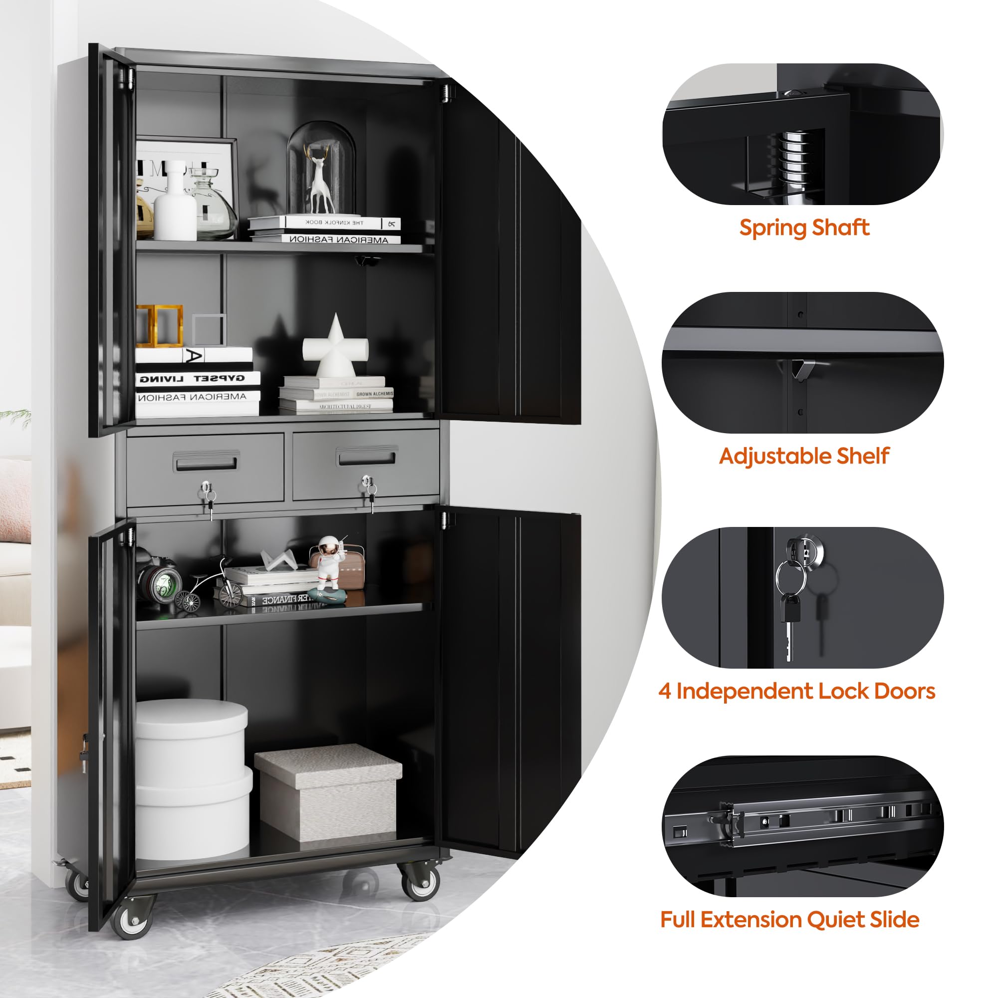 Aobabo Garage Storage Cabinet with Wheels, Metal Tool Storage Cabinet with 2 Drawer for Garage, Homes Storage,Assembly Required