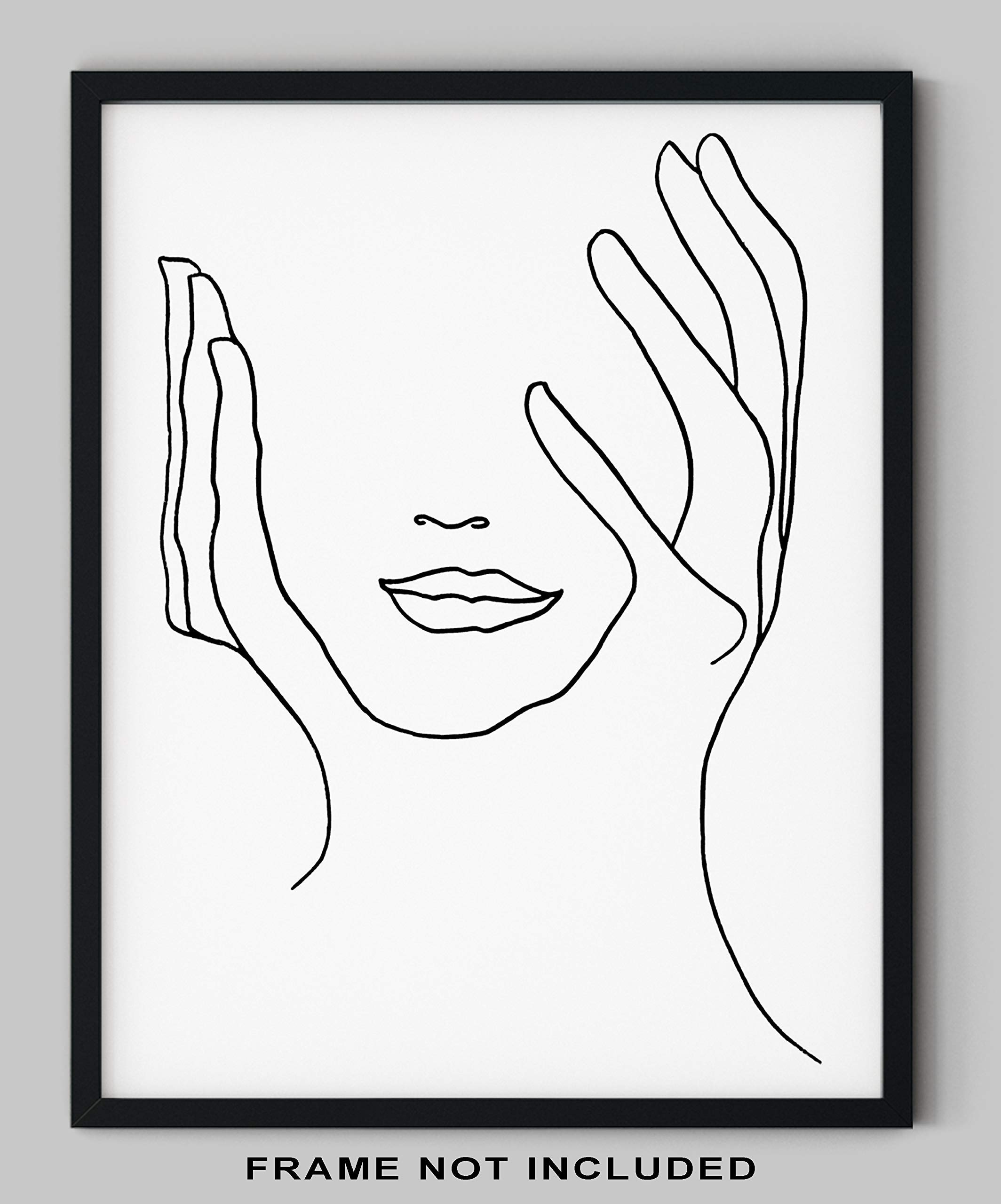 Abstract Minimalist Line Wall Decor - 11x14" UNFRAMED Print - Modern, Minimal, Black And White Drawing - Female Face And Hands Silhouette Wall Art