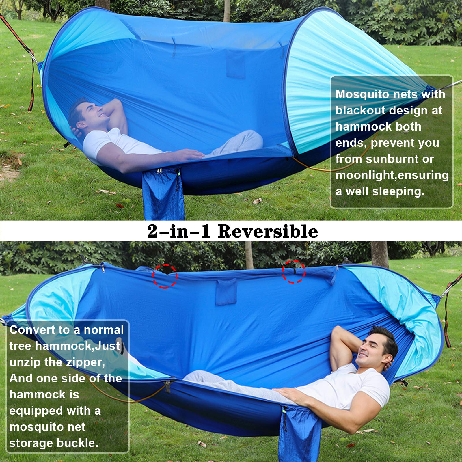 AMZQJD Anti-Rollover Camping Hammock Double & Single Portable Hammocks with Mosquito/Bug Net for Outdoor Travel (Blue)