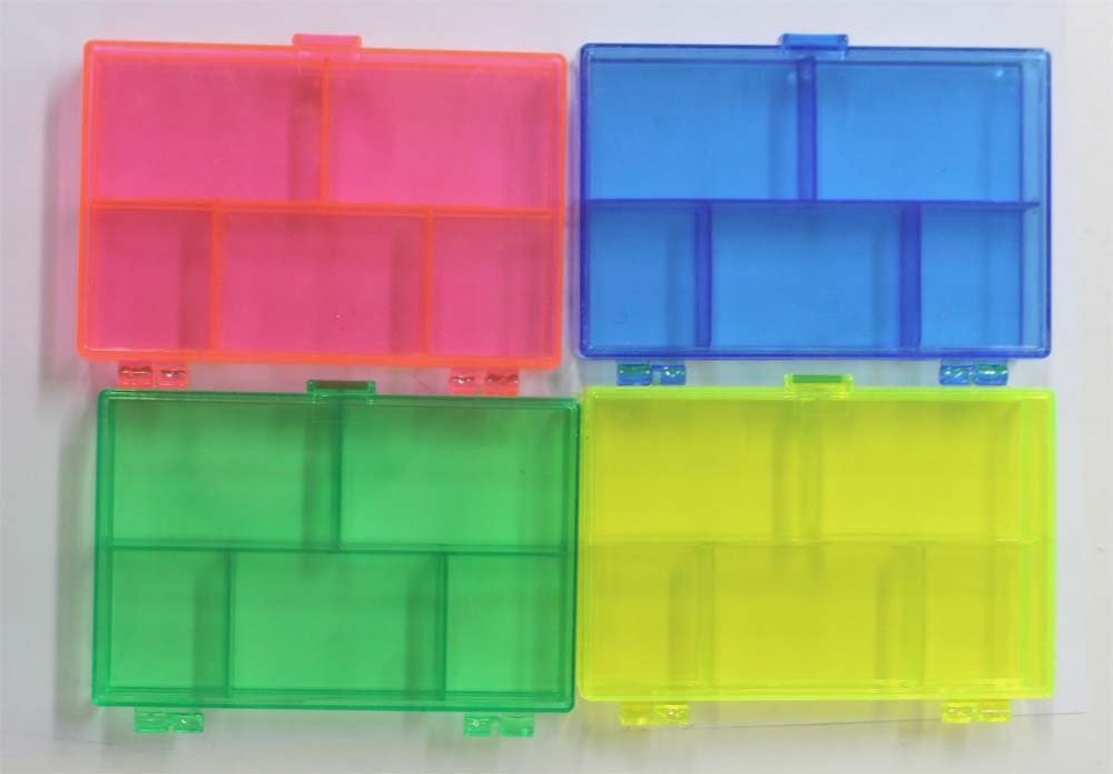 BIN BUDDY Set of 4 | Colored Transparent Plastic Boxes | 4.5" (11.4 cm) x 3" (7.6 cm) x 1" (2.5 cm) | Hinged Lids, 5 Internal Sections | For Crafts, Sewing