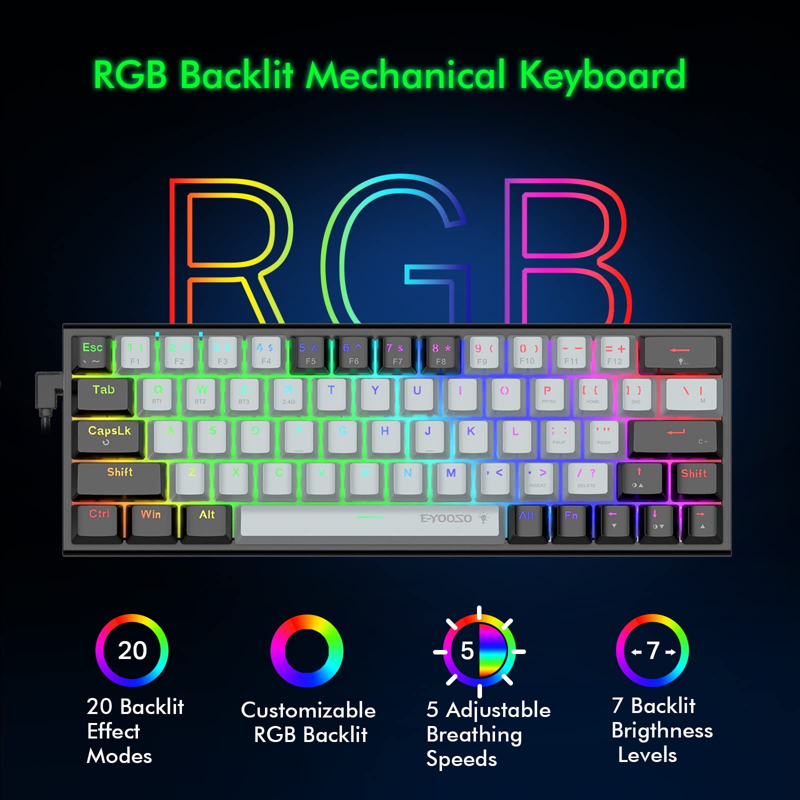 E-YOOSO Wireless Mechanical Keyboard, Bluetooth/2.4G/USB-C 60% Portable Rechargeable 63 Keys Gaming Keyboard, Compact RGB Hot Swappable Mechanical Keyboard with Linear Red Switches for Windows/Mac