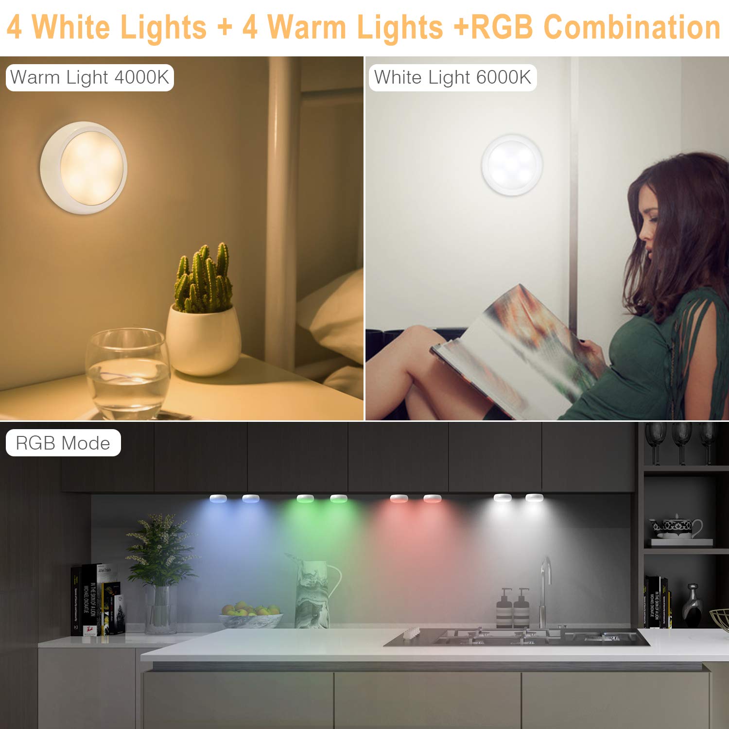 AISITIN Puck Lights Battery Operated Lights with Remote Control, 8 Pack Closet Lights Under Cabinet Light 16 Colors 3 Modes (6000K/4000K/RGB), LED Closet Light with 2 USB Cables