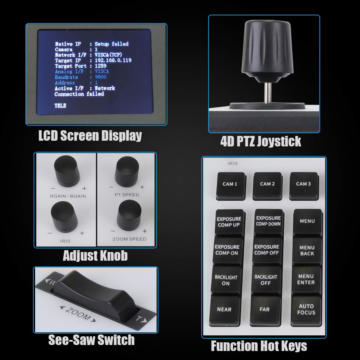 Yuanyang PTZ Joystick Controller RS232 RS422 IP PTZ Keyboard Controller for Video Conference Cameras Support VISCA ONVIF, PELCO Protocol