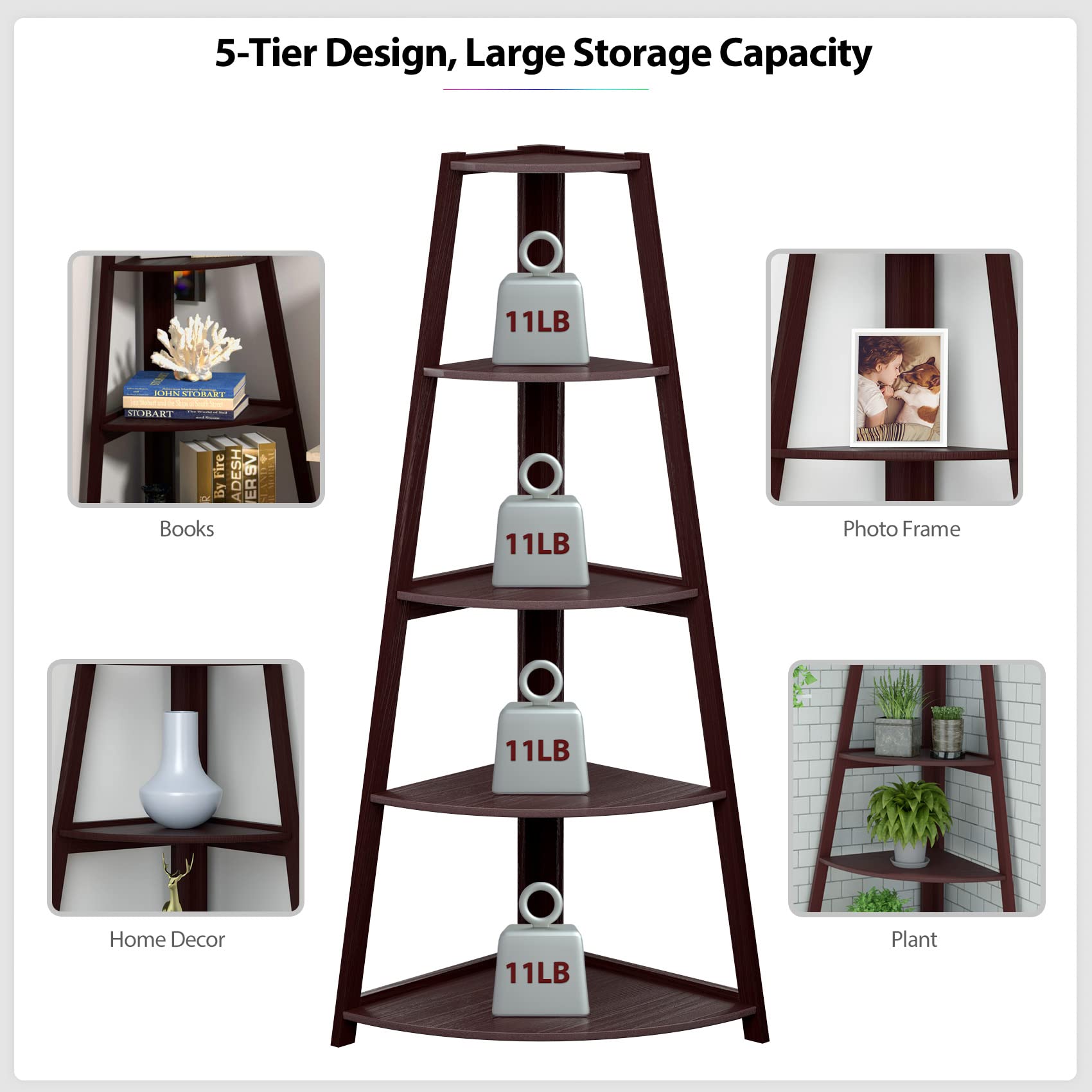 Corner Shelf, TopMade 5-Tier Corner Shelf Stand Industrial Ladder Bookcase Small Storage Rack Bookshelf Float Corner Shelves Wood Furniture Plant Stand for Living Room Kitchen Home Office-Rustic Brown