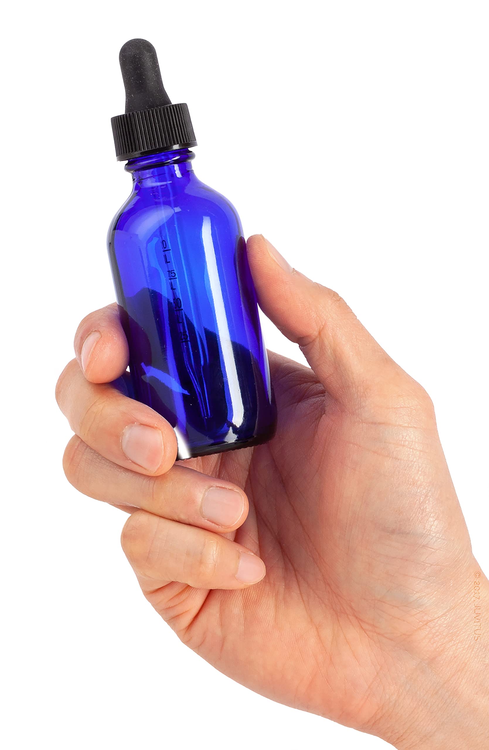 JUVITUS 2 oz / 60 ml Cobalt Blue Glass Boston Round Graduated Measurement Glass Dropper Bottle (4 pack) + Funnel